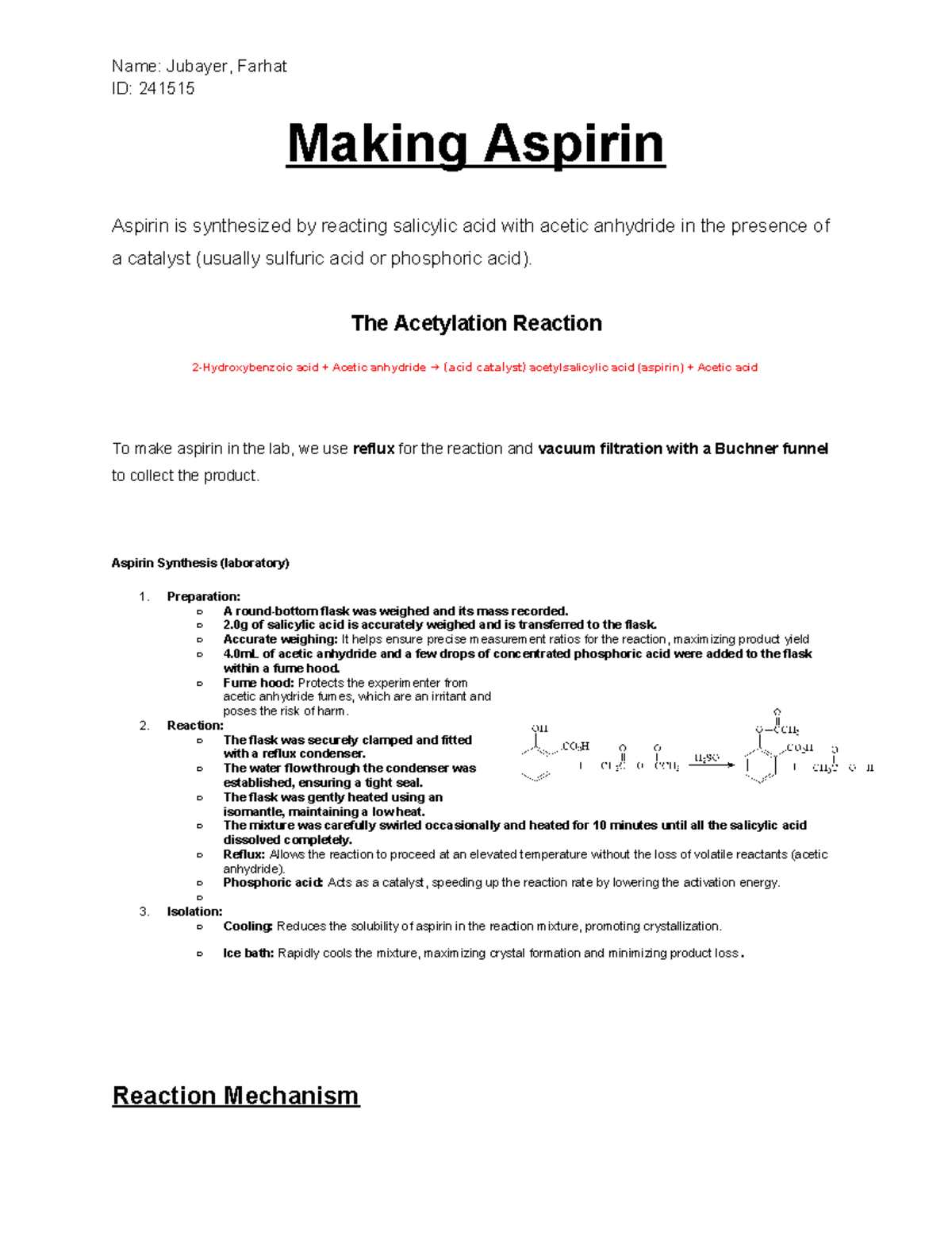 Chemistry 241515: Making Aspirin - Synthesis and Purity Analysis - Studocu