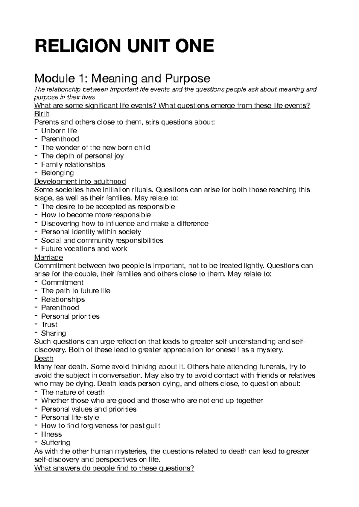 Religion ATAR Unit 1 & 2: The Meaning and Purpose of Life Events - Studocu