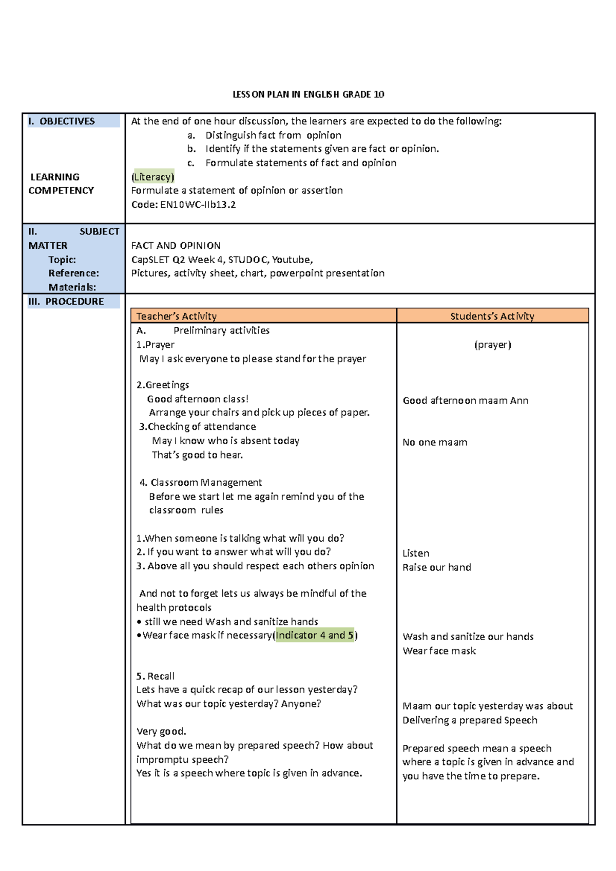 EN10WC-IIb13 Lesson Plan: Distinguishing Fact from Opinion - Studocu
