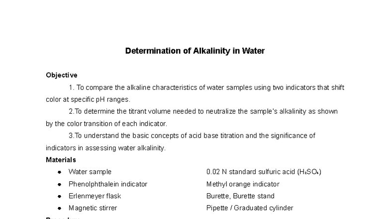Determination of Water Alkalinity: Acid-Base Titration Lab - Studocu
