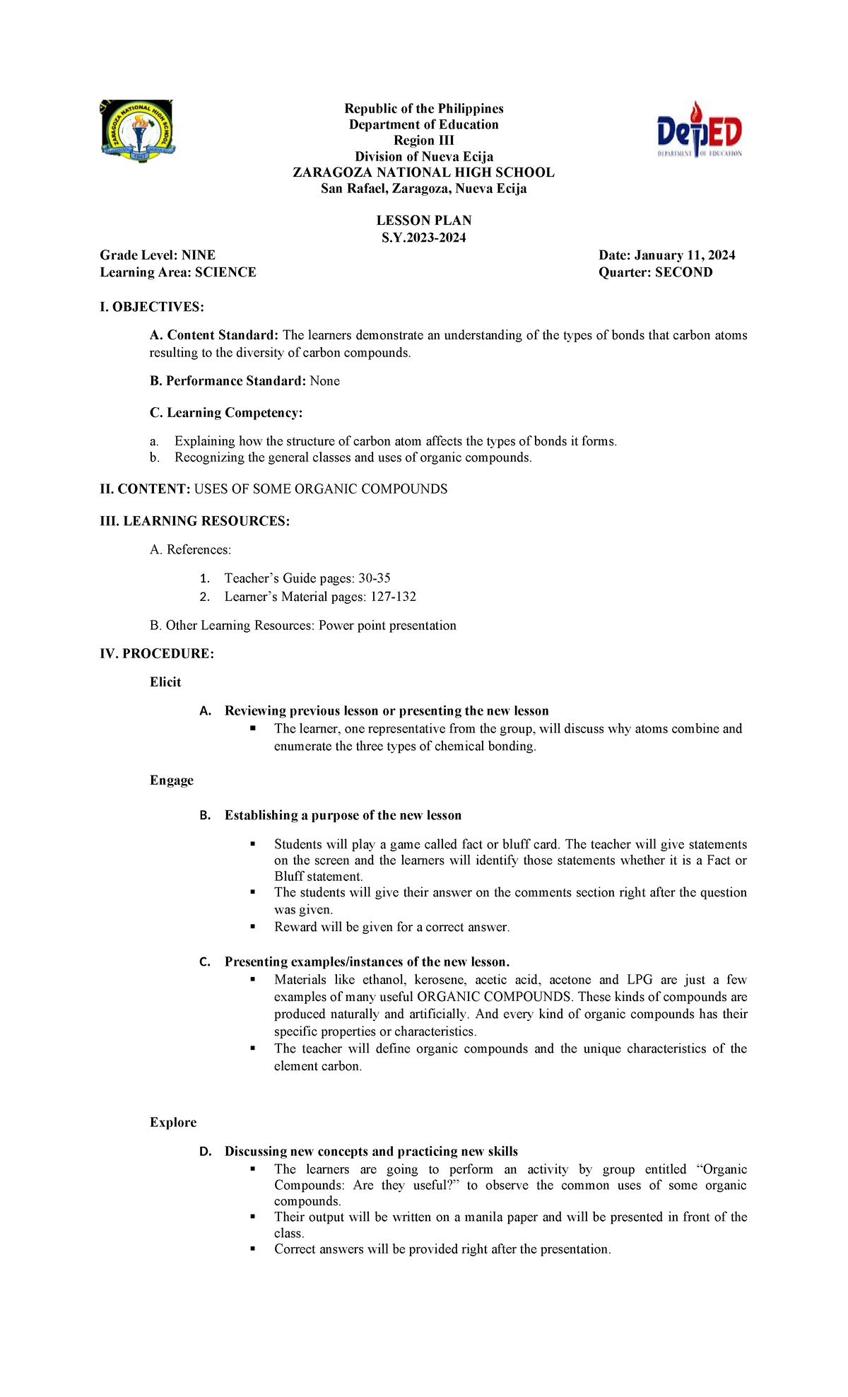 Lesson Plan: Uses of Organic Compounds (Grade 9 Science) - Studocu