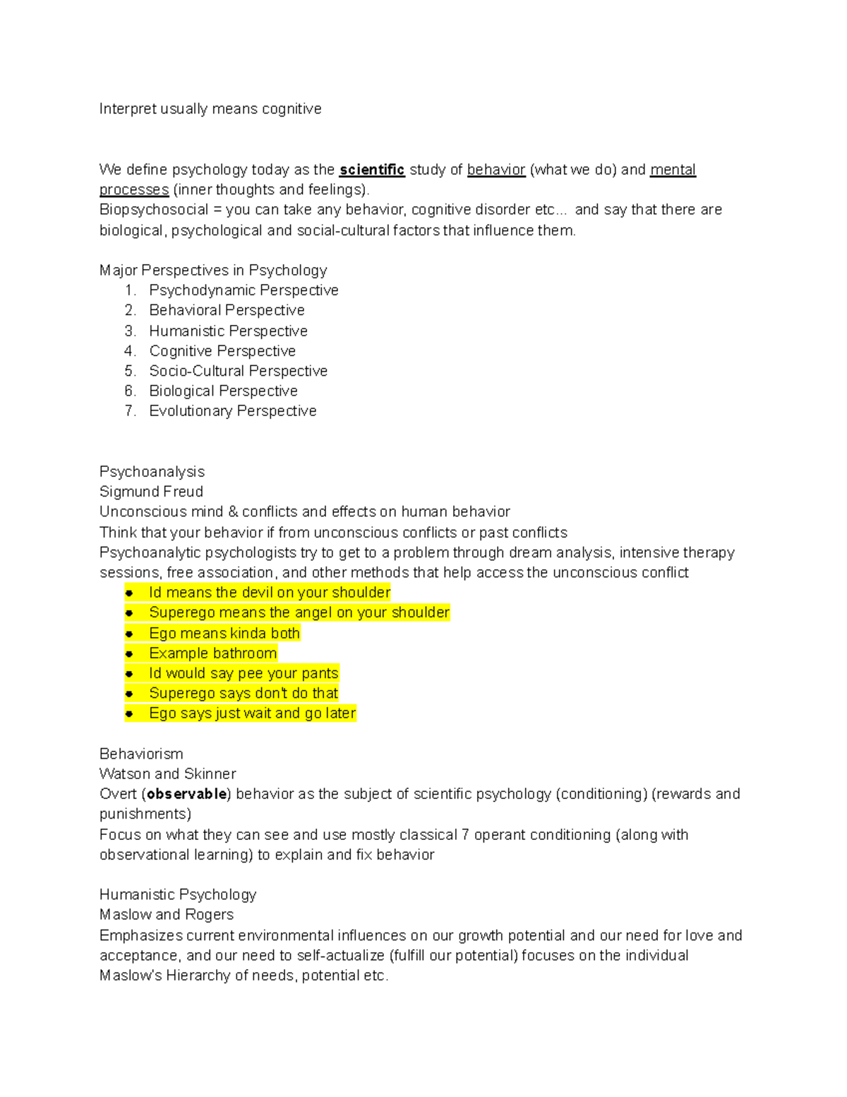 AP Psychology: Major Perspectives and Concepts in Psychology - Studocu