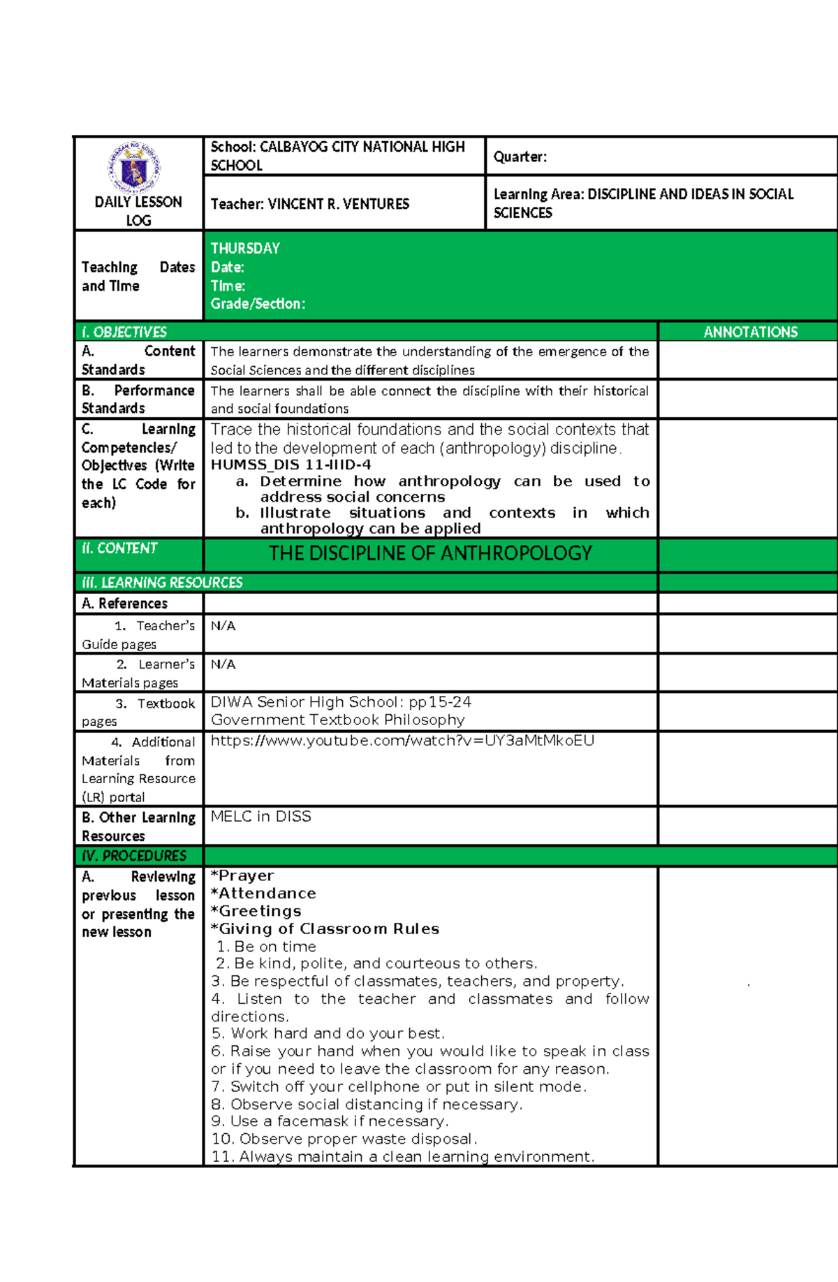 Lesson Plan: 2nd Cot Diss in Anthropology - HUMSS_DIS 11-IIID - Studocu