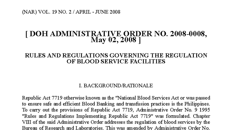 (NAR) VOL. 19 NO. 2 APRIL-JUNE 2008: Blood Service Facilities ...