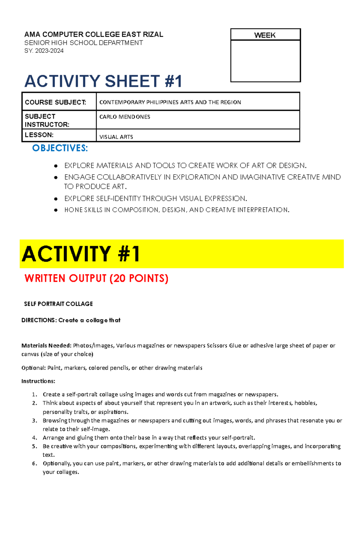 CPAR Activities 1 & 2: Self-Portrait Collage Project Guide - Studocu