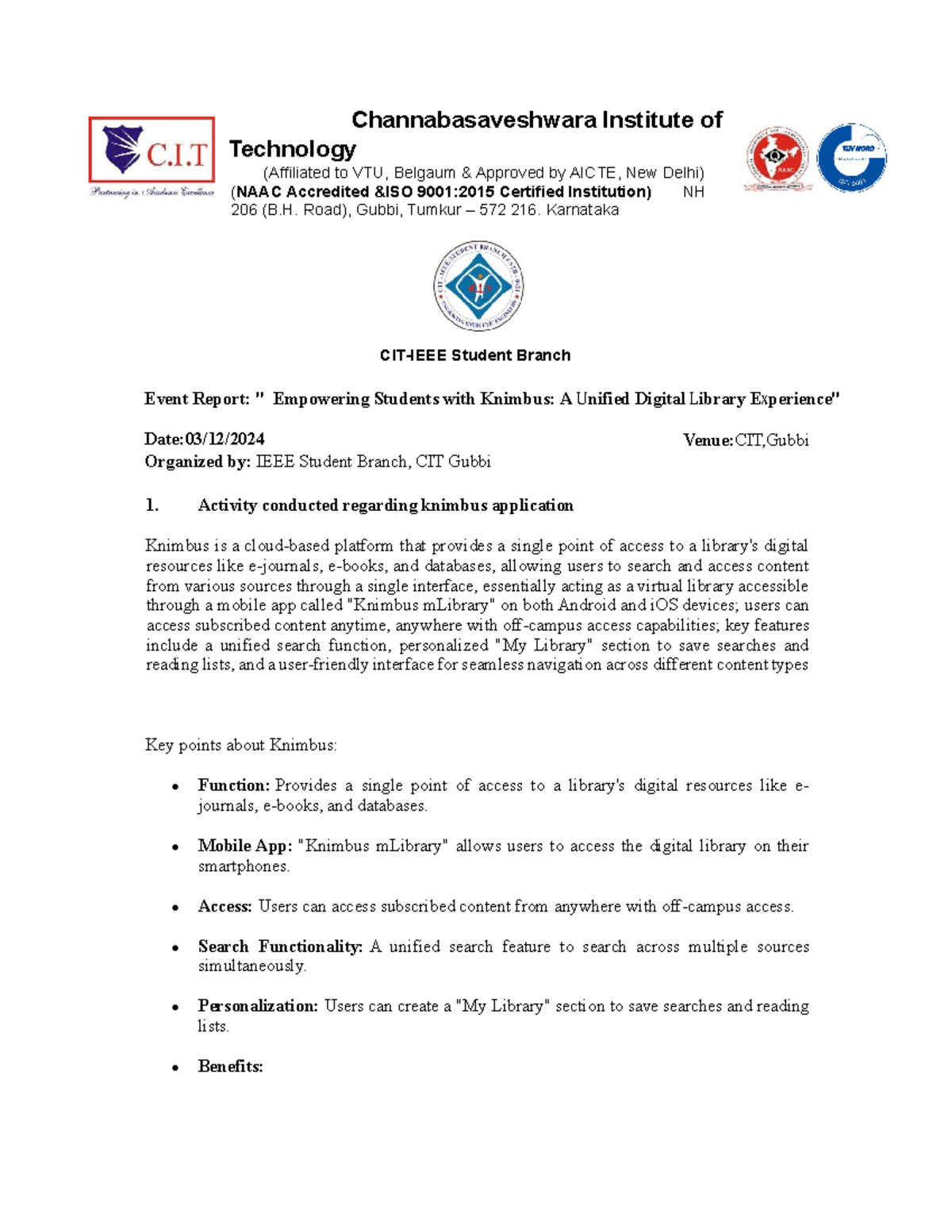 Knimbus Application Activity Report - CIT-IEEE Student Branch Event ...