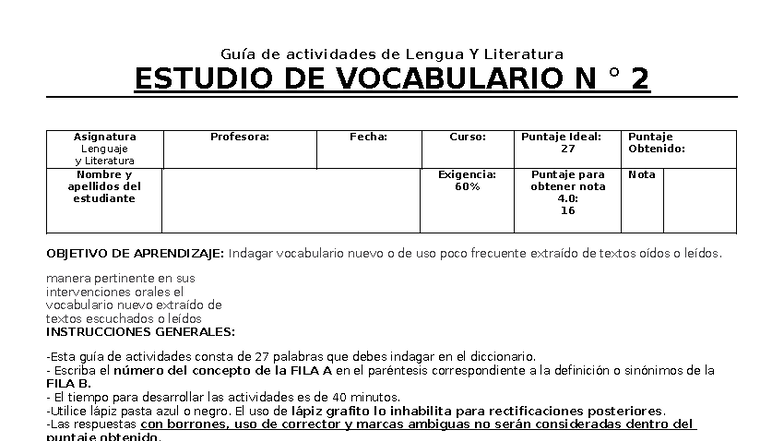 Guía de Actividades de Vocabulario N° 2 - Lengua y Literatura - Studocu