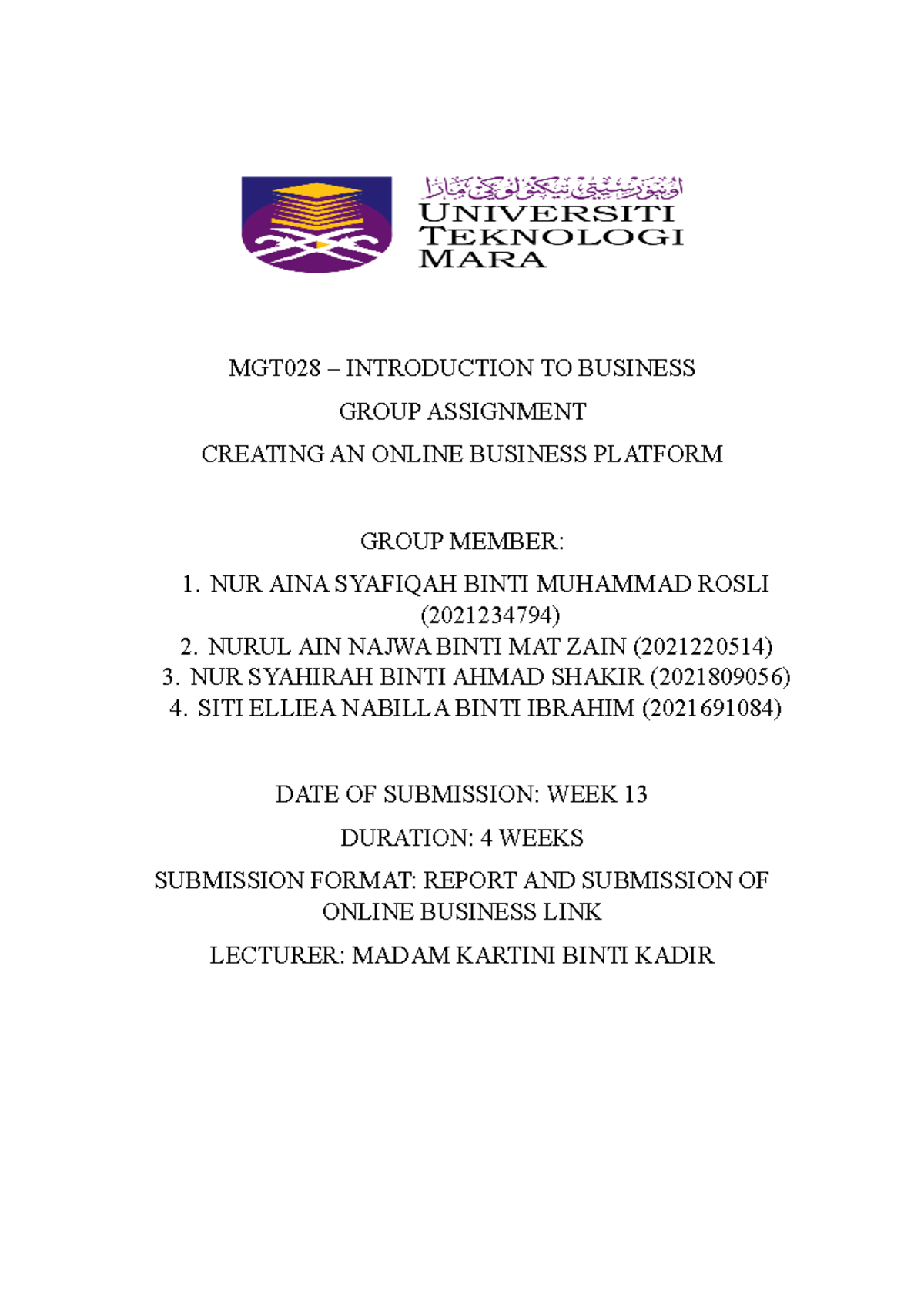 Group Assignment MGT028 - MGT028 – INTRODUCTION TO BUSINESS GROUP ...