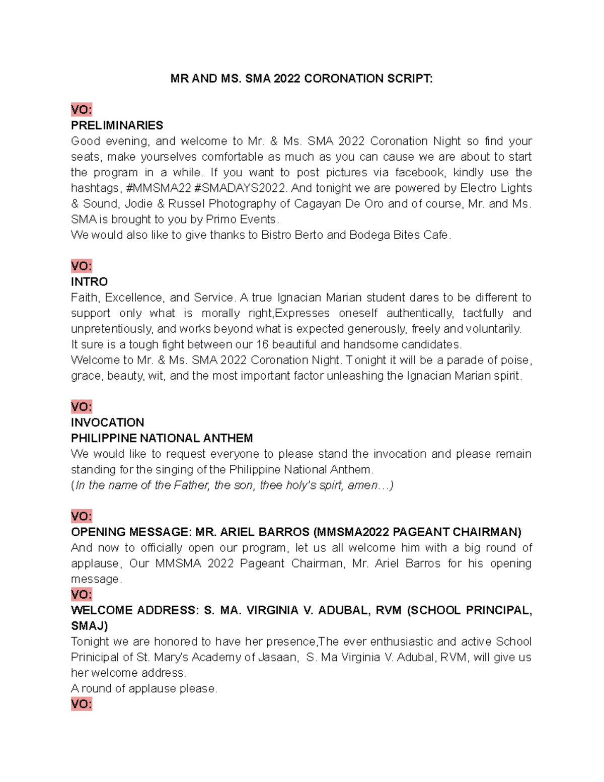 MR AND MS INTRAMURALS 2022 Script - MR AND MS. SMA 2022 CORONATION ...