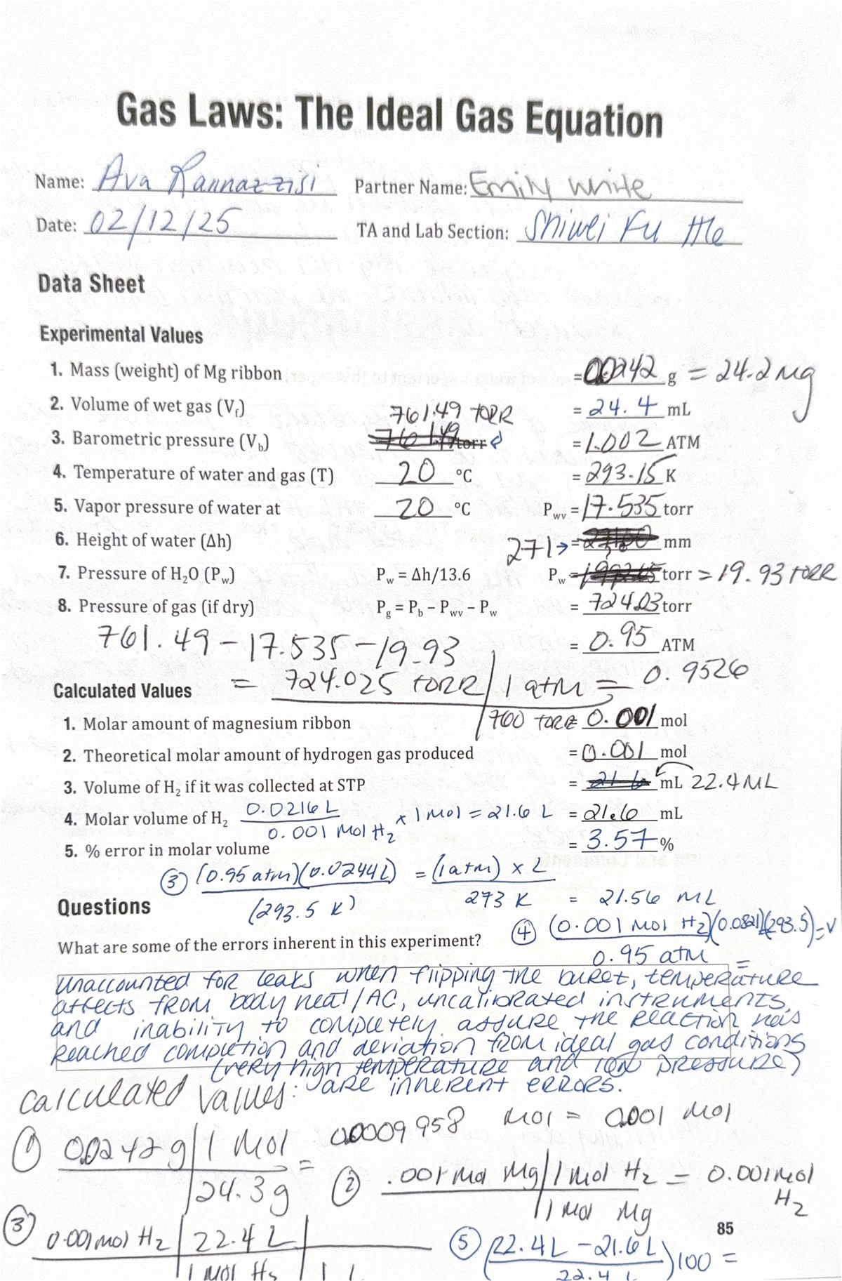 Gas Law Report: Analyzing the Ideal Gas Equation Expt Data - Studocu