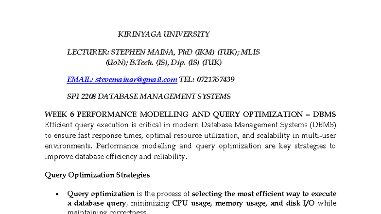 WEEK 6: Performance Modelling & Query Optimization - DBMS - Studocu