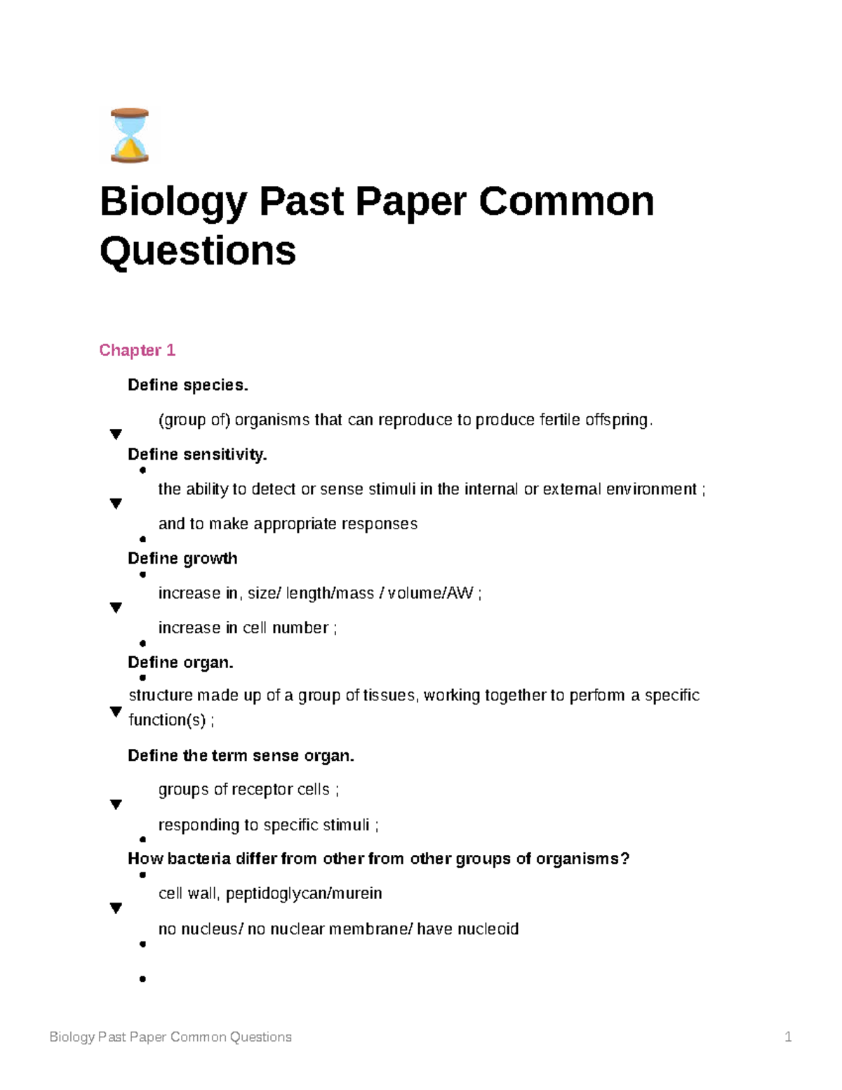 Biology Past Paper Common Questions: Key Concepts and Definitions - Studocu