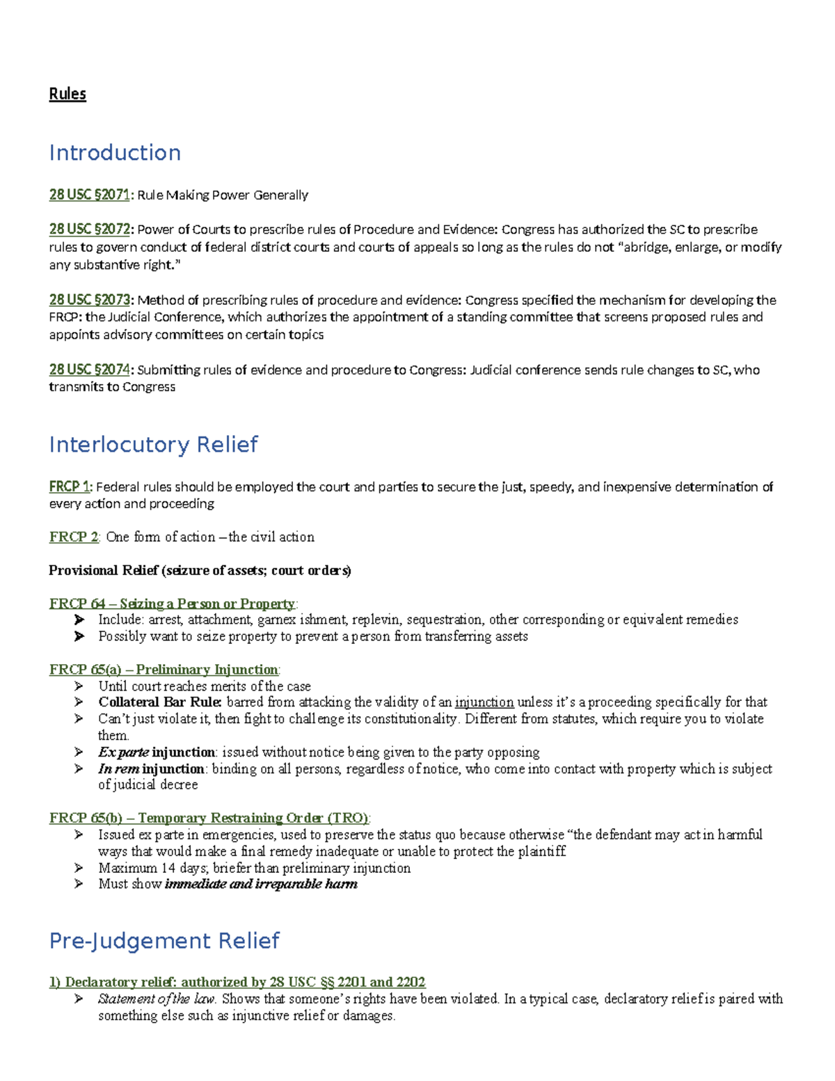 Civ Pro FRCP Rules Summary and Key Concepts Guide - Studocu
