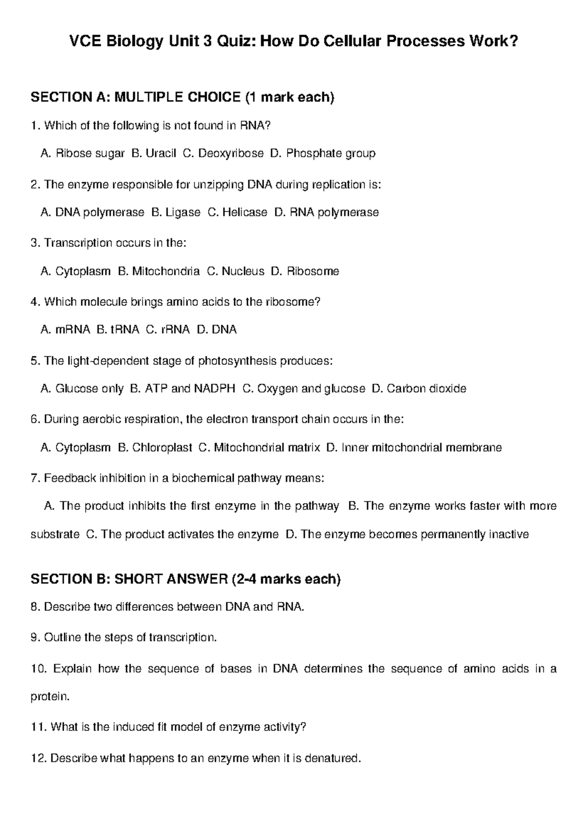 VCE Biology Unit 3 Quiz: Understanding Cellular Processes and Functions ...