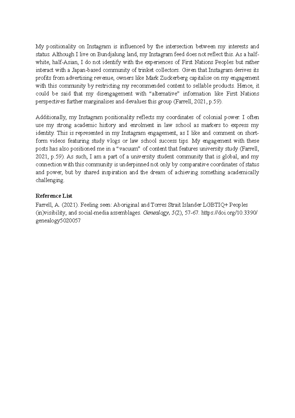 Week 1 submission A1 - Received 2/2. Paragraph on positionality. - My ...