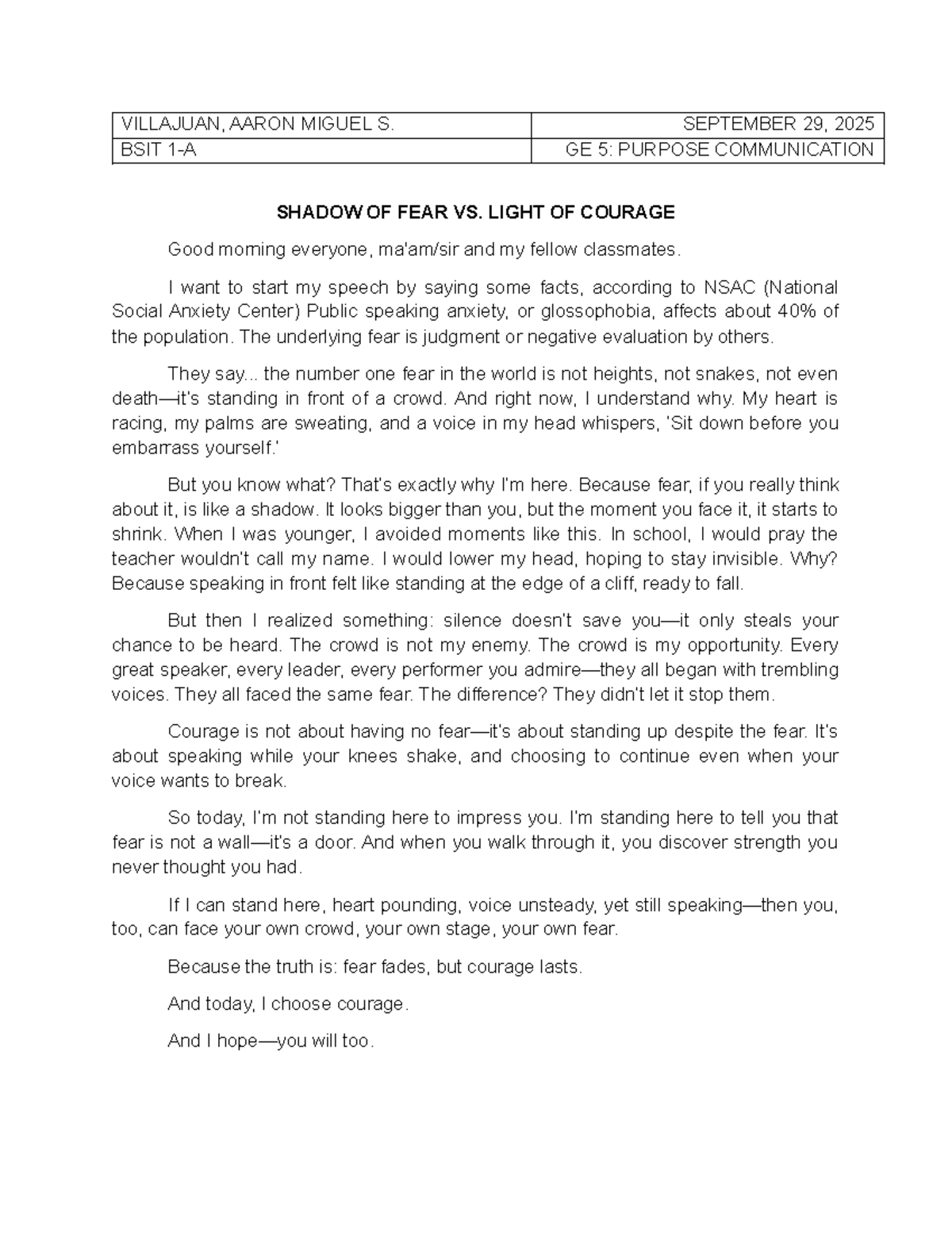 GE 5: Speech on Courage vs. Fear by Aaron Miguel Villajuan - Studocu