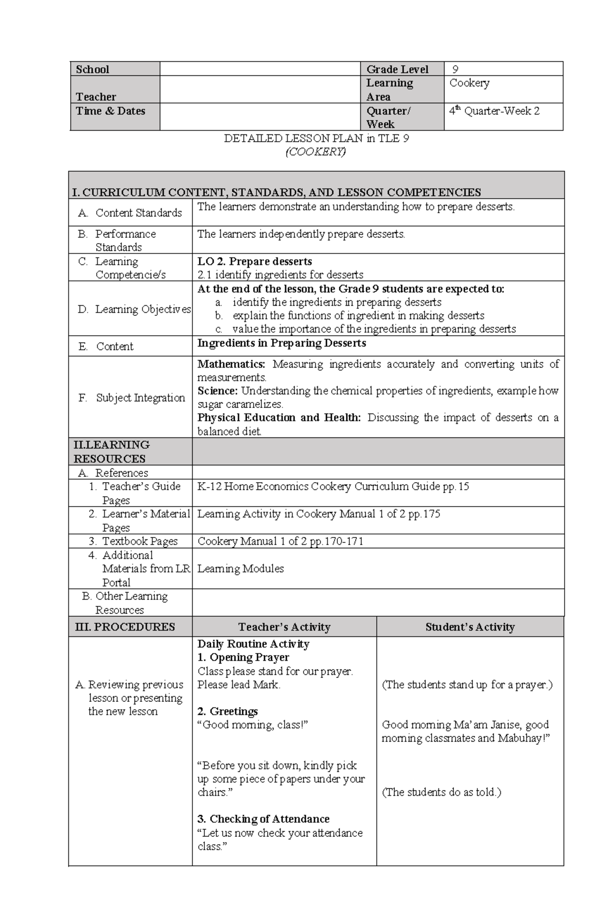 JHS Lesson Plan: Cookery 9 Q4 - Week 2 on Dessert Preparation - Studocu