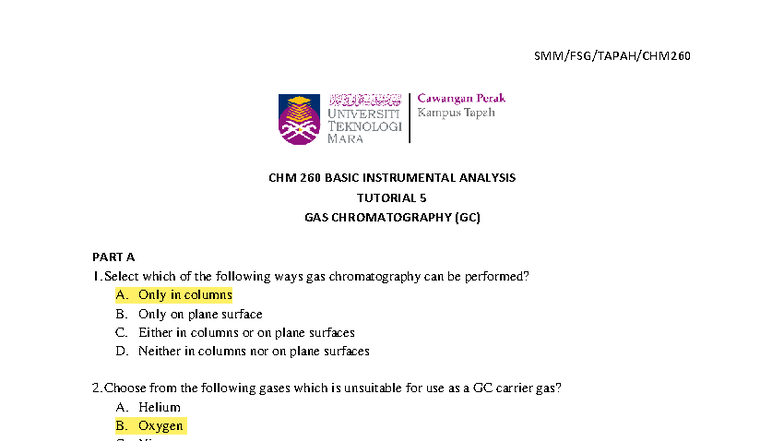 CHM 260 Tutorial 5: Advanced Gas Chromatography Concepts - Studocu