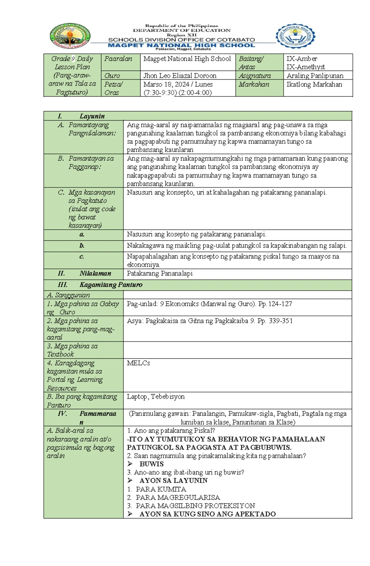 Grade 9 Daily Lesson Plan: Implasyon sa Ekonomiya (Araling Panlipunan ...
