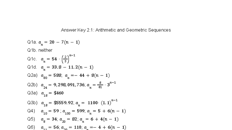 Assignment 1 - 2.1 Arithmetic and Geometric Sequences - Answer Key 2 ...