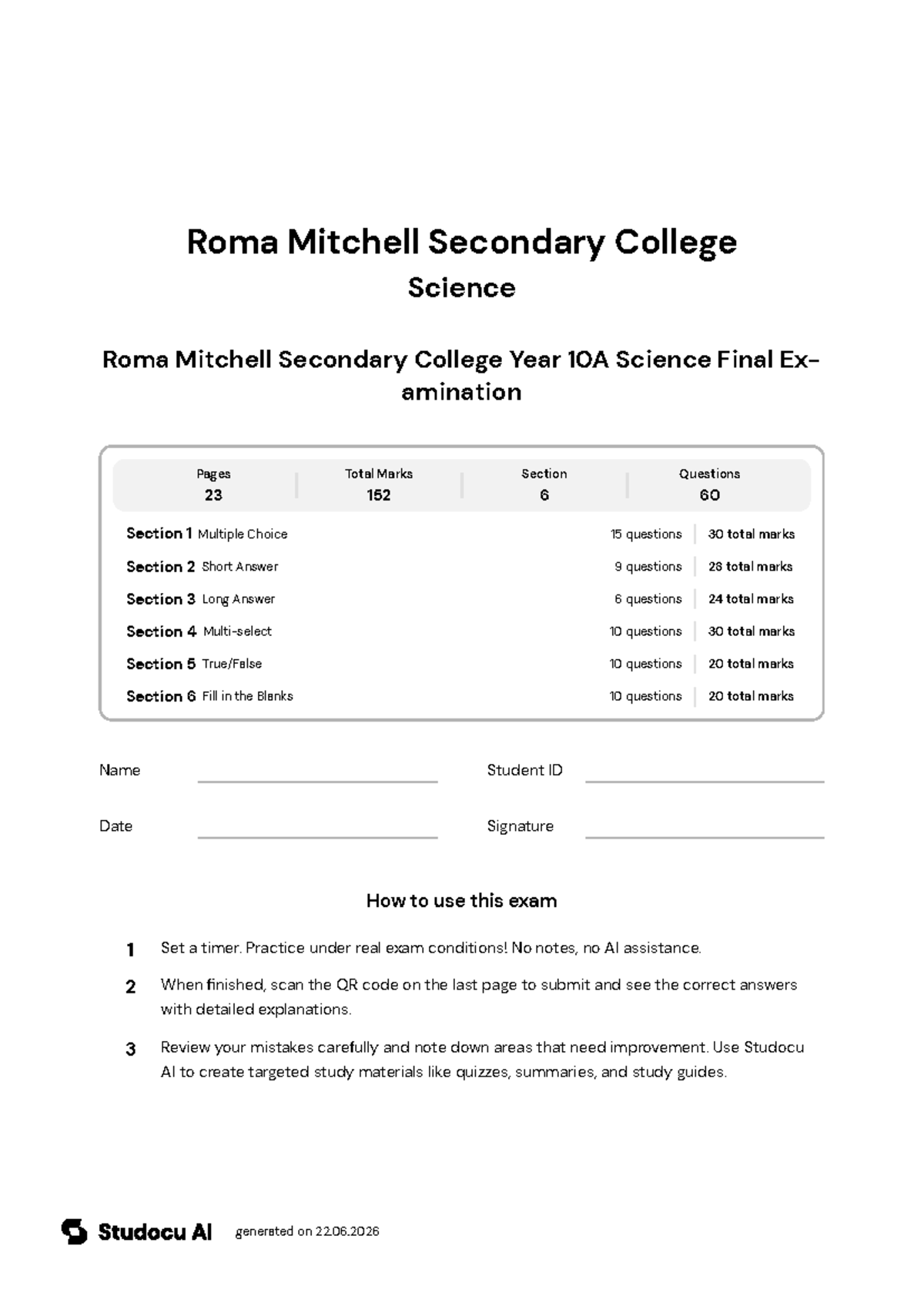 Year 10A Science Final Exam - Roma Mitchell College - Studocu
