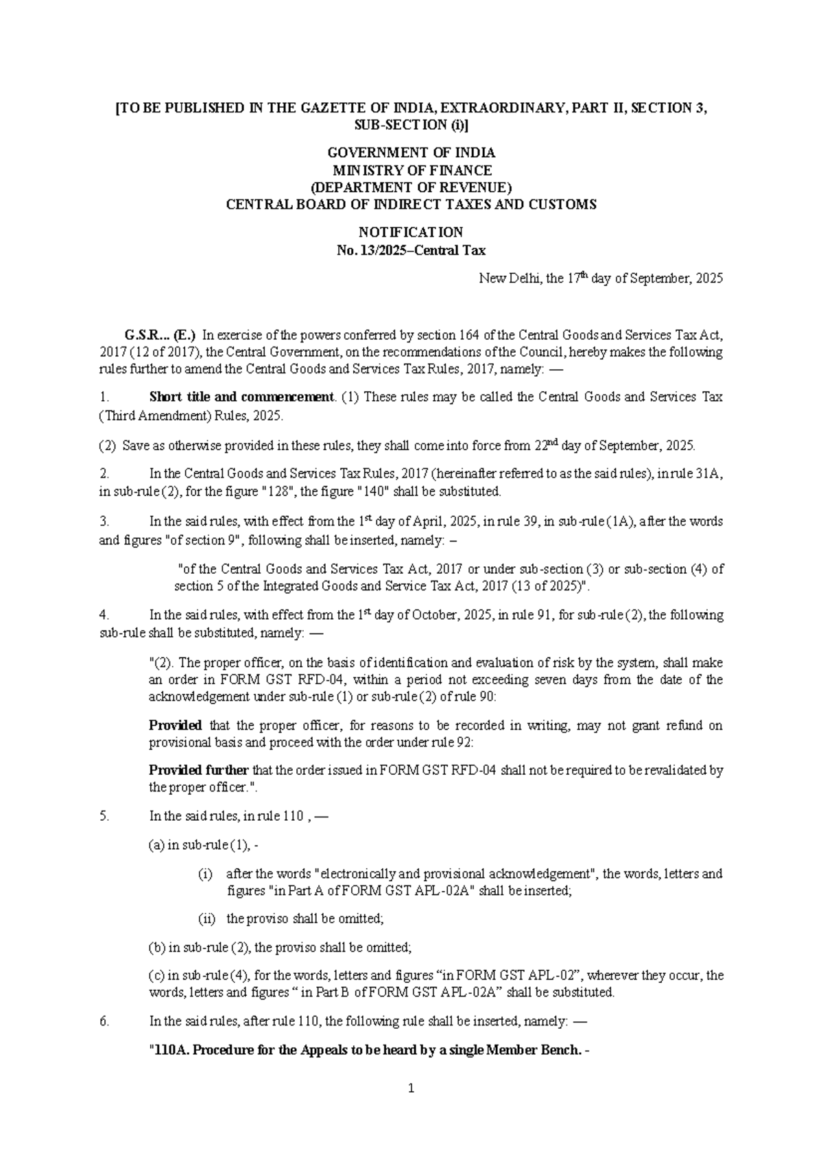 Central Tax Notification No. 13/2025: GST Rules Amendment - Studocu