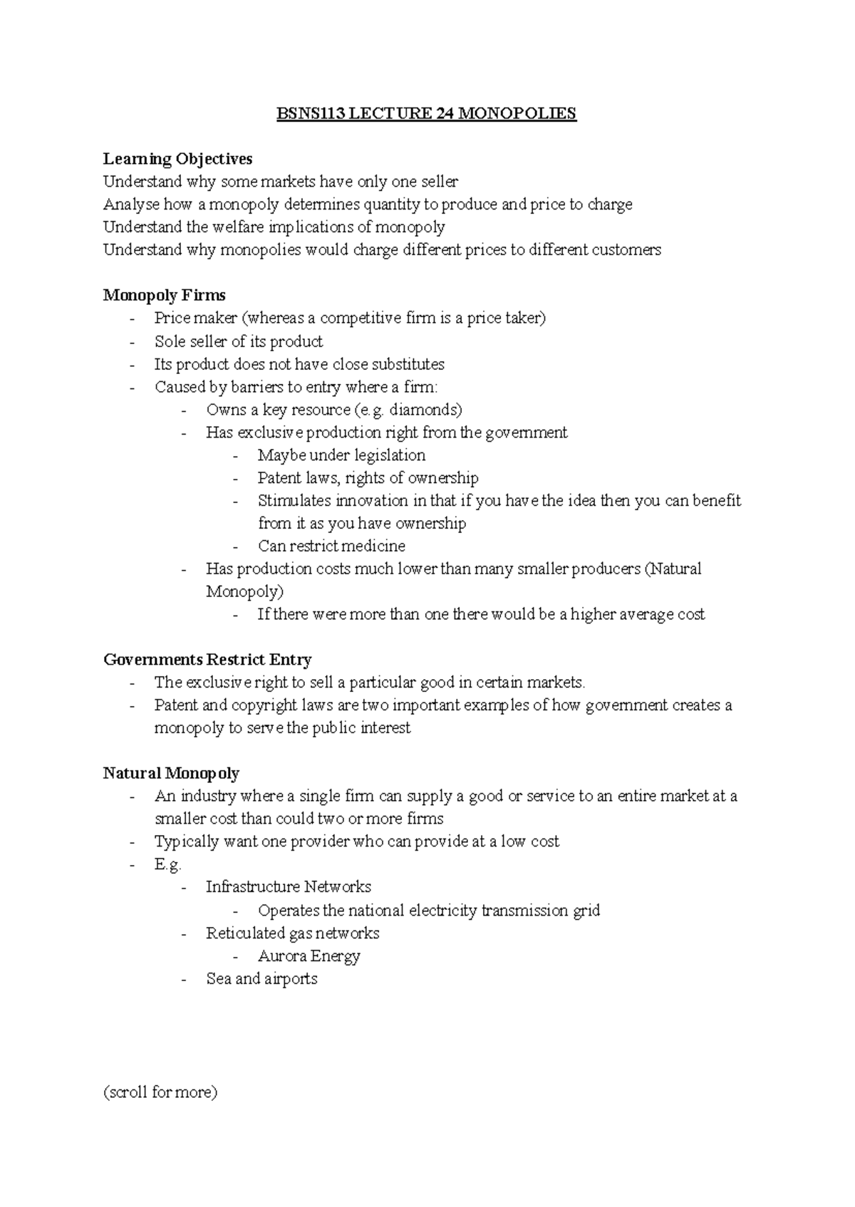 BSNS113 LECTURE 24: MONOPOLIES - Key Concepts and Analysis - Studocu
