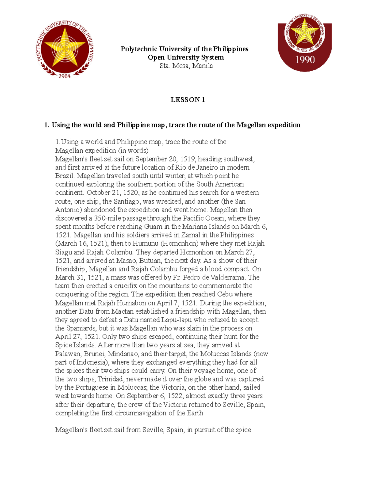 RIPH Unit 2 Lesson 1 - Answer - Polytechnic University of the Philippines Open University System ...