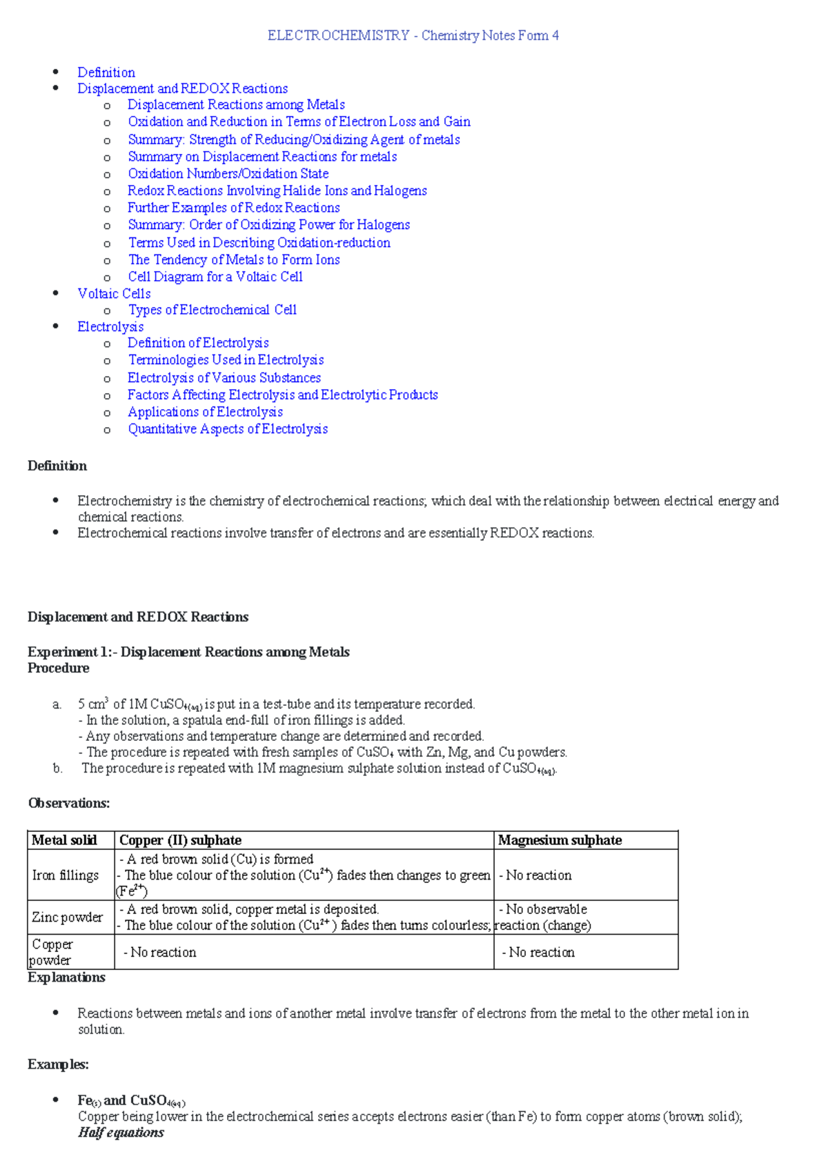 Electrochemistry Notes for Revision - Form 4 Chemistry - Studocu