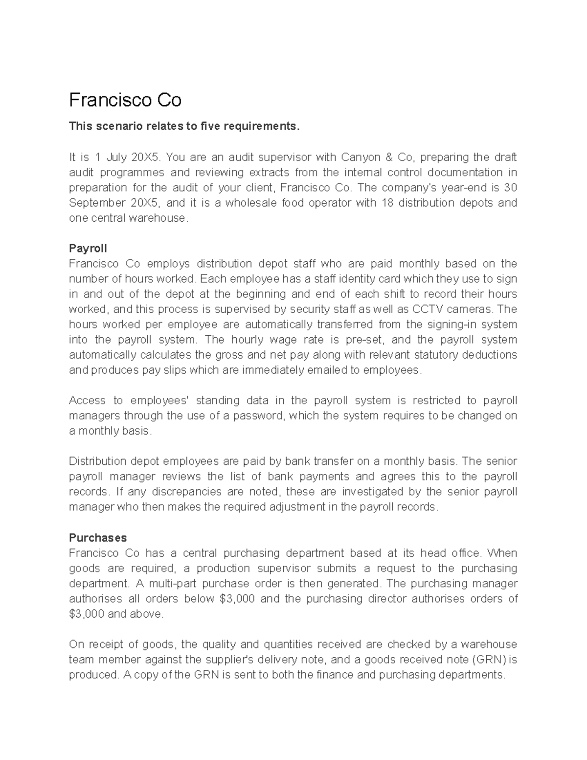 ACCA AA Revision: Case Study on Internal Control at Francisco Co - Studocu