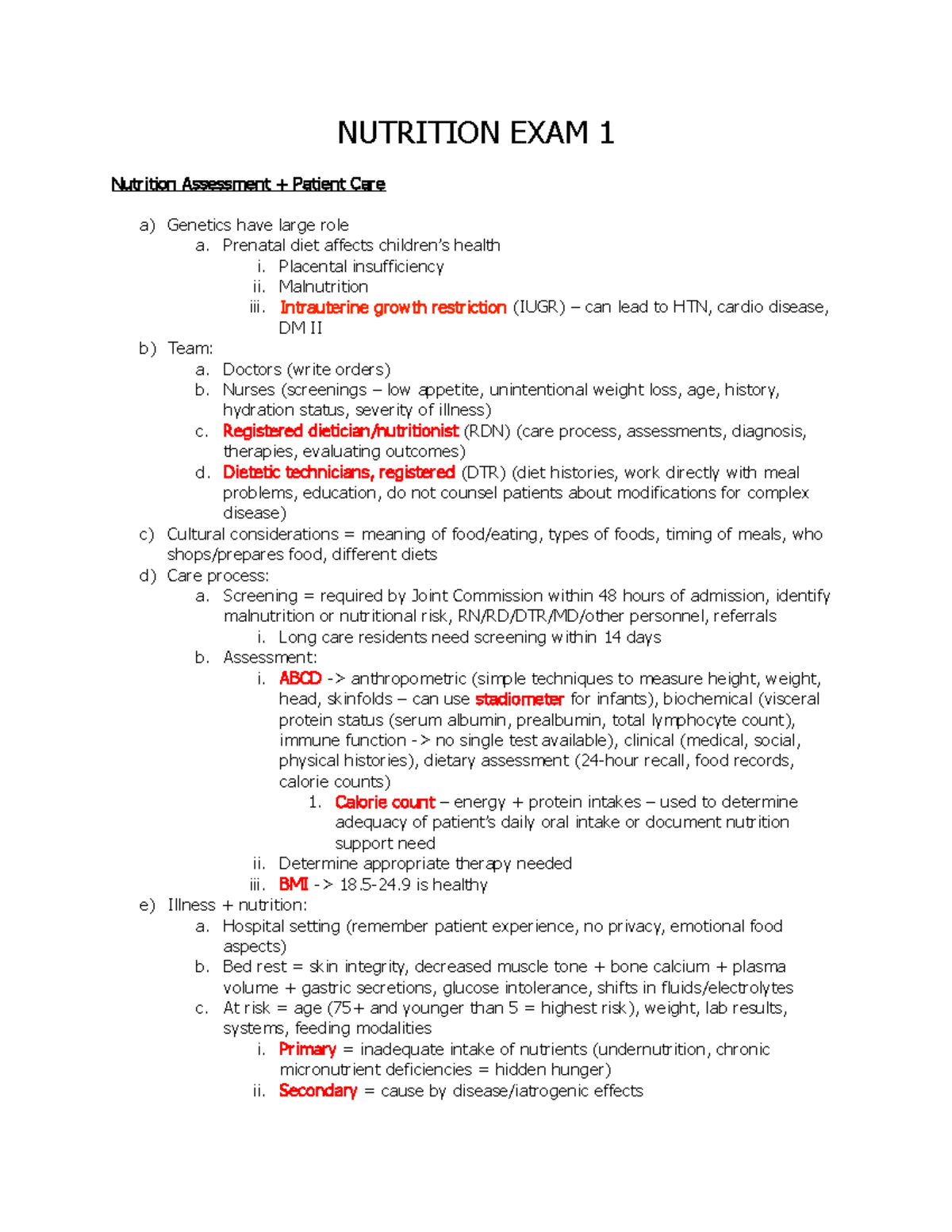 Nutrition Exam 1: Key Concepts and Patient Care Guidelines - Studocu