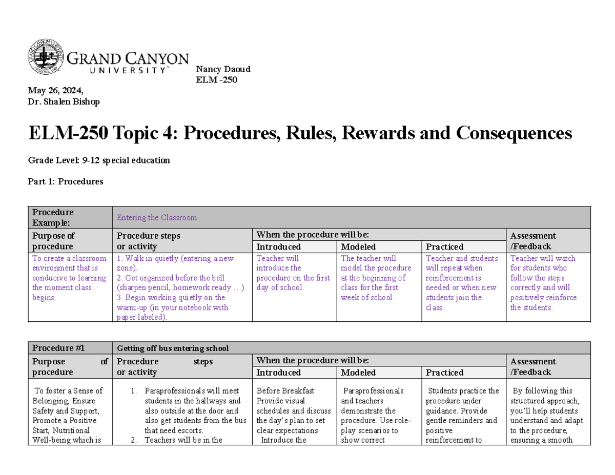 ELM-250 Classroom Procedures, Rules, and Rewards for Special Education ...