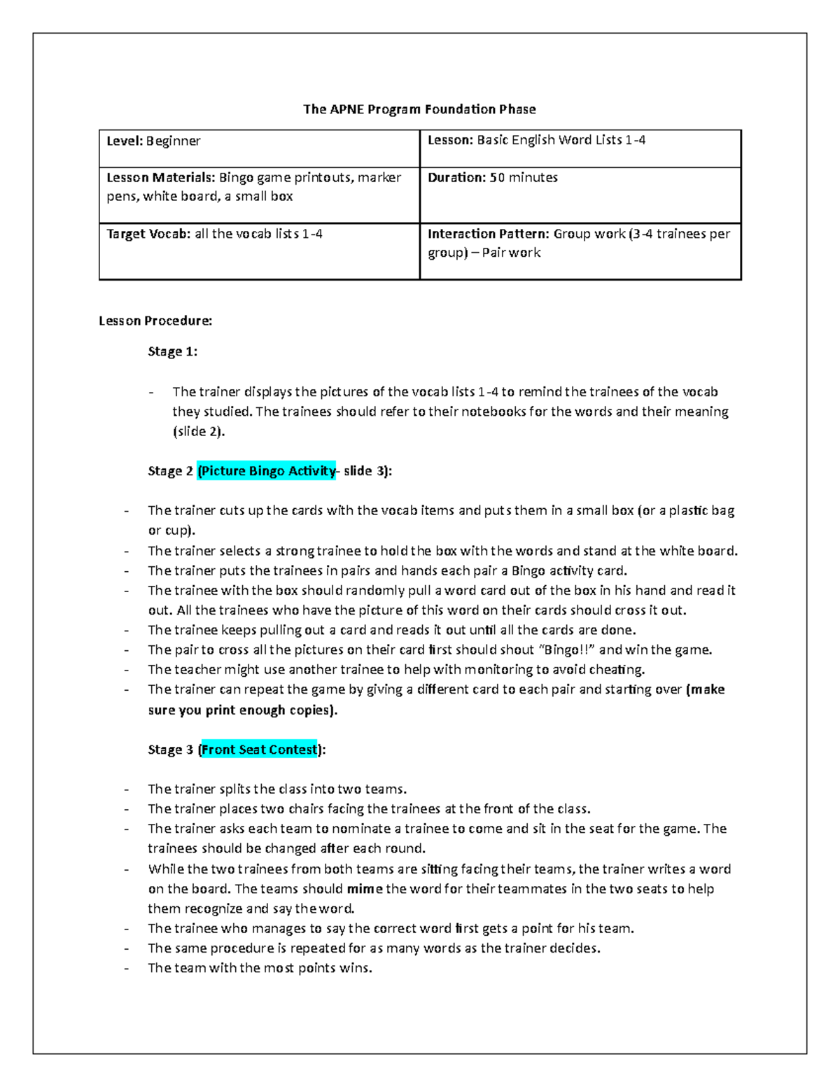 APNE Program: Beginner Lesson on Basic English Word Lists - Studocu