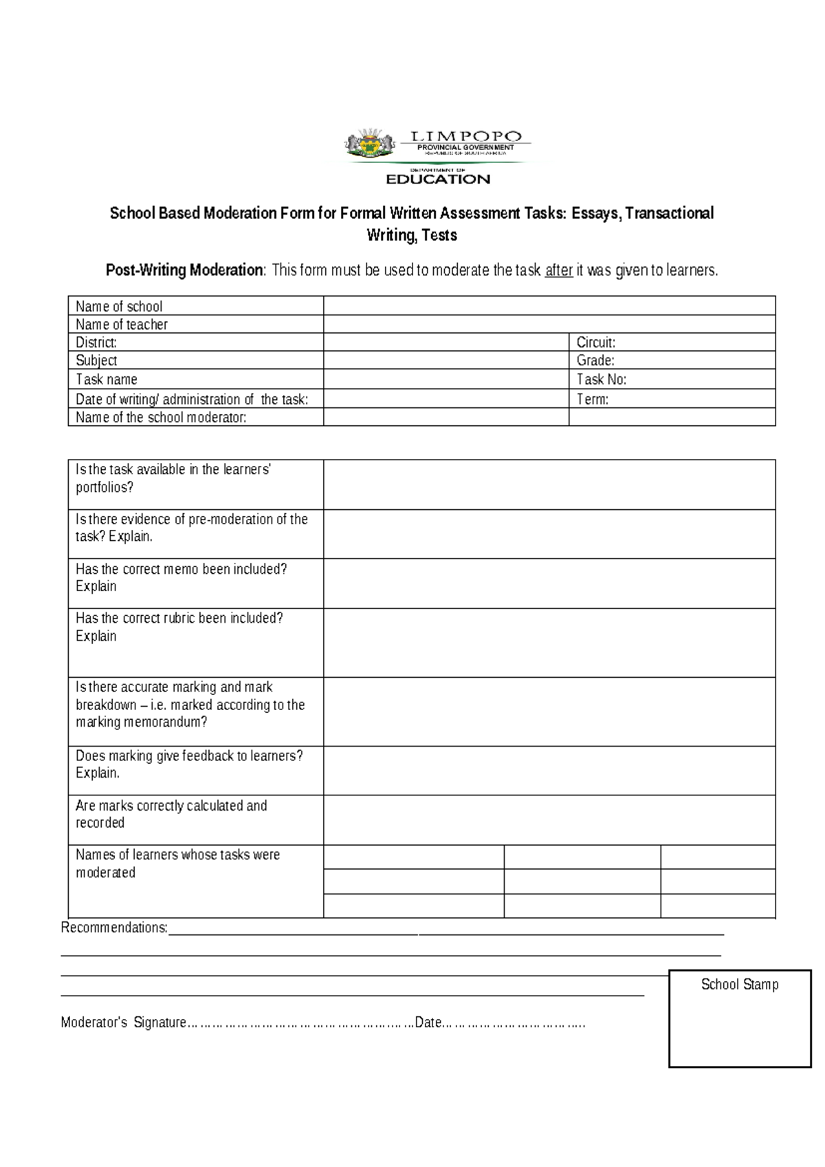 School Based Moderation Form for Formal Assessments (Post Moderation ...