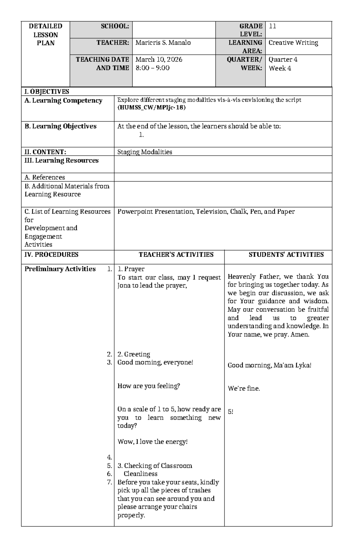 Quarter 4 Week 4 Lesson Plan: Creative Writing for Grade 11 - Studocu