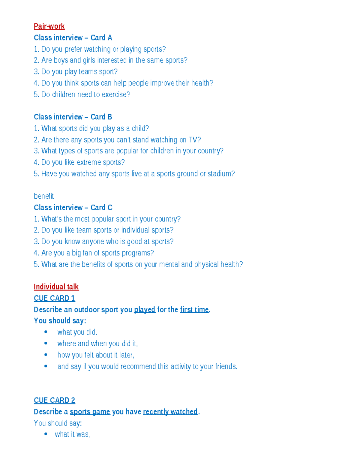 Supplementary Speaking Activities: Class Interview Cards & CUE Cards ...