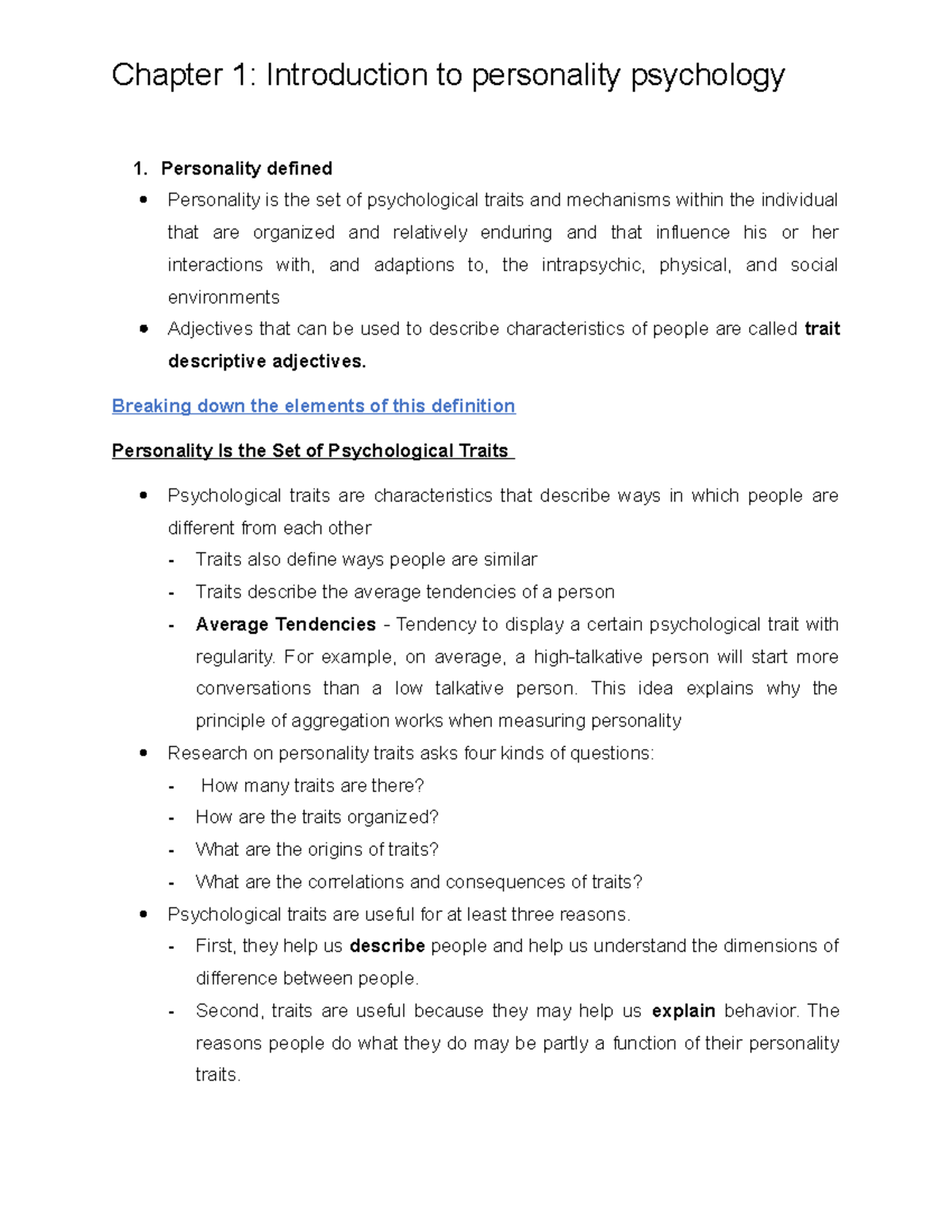 Chapter 1: Introduction to Personality Psychology (PSY101) - Studocu