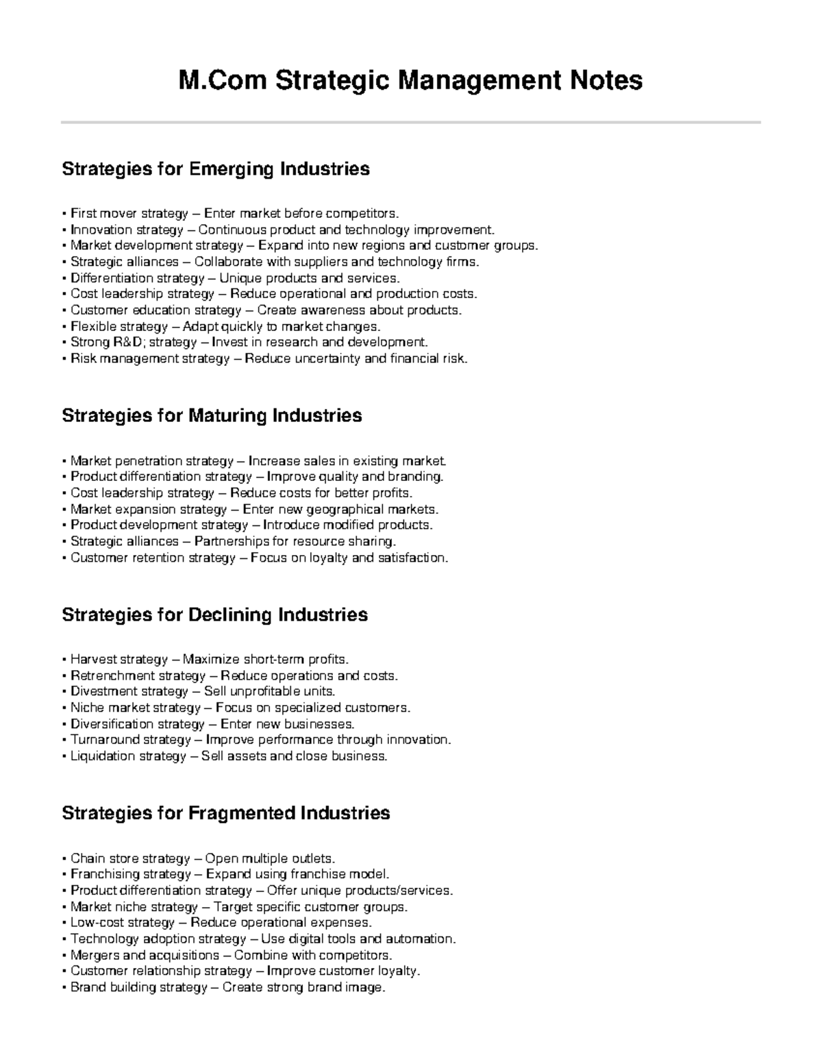 M.Com Strategic Management Notes: Key Strategies for Industries - Studocu