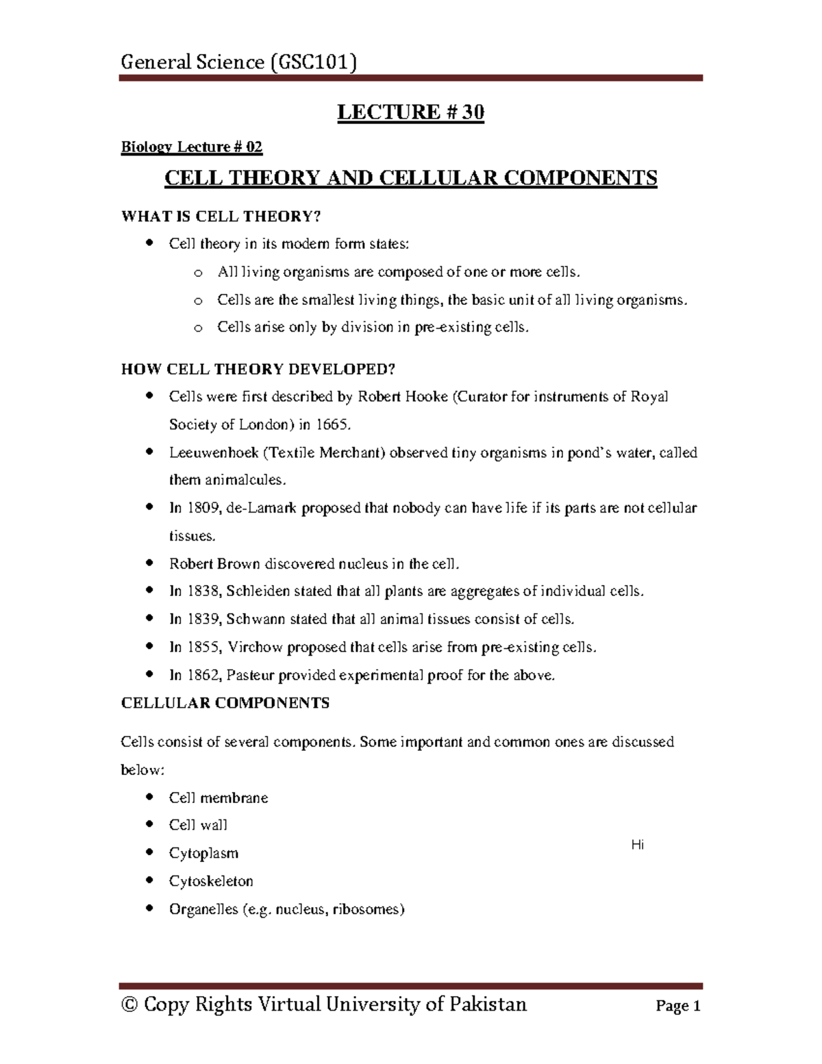 General Science (GSC101) LECTURE 30: Cell Theory & Components - Studocu