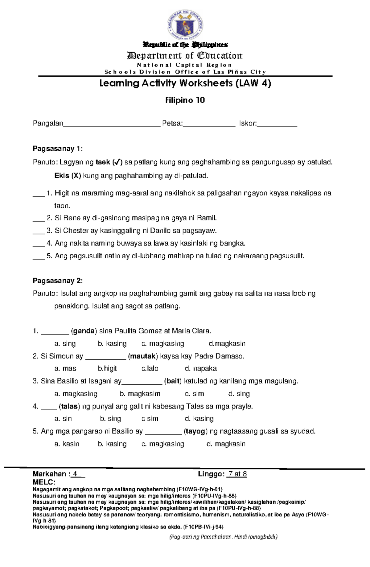 LAW4 - Filipino 10 Learning Activity Worksheets for 4th Quarter - Studocu