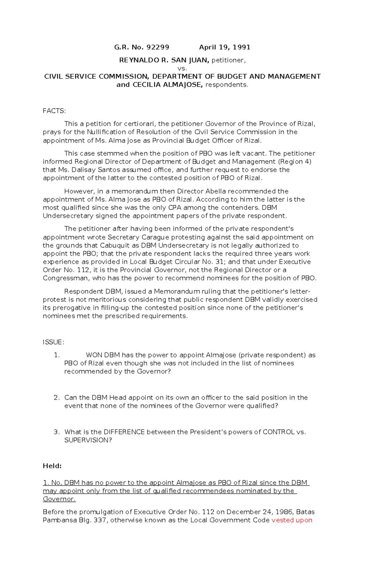 G.R. No. 92299: San Juan vs. Civil Service Commission Case Analysis ...