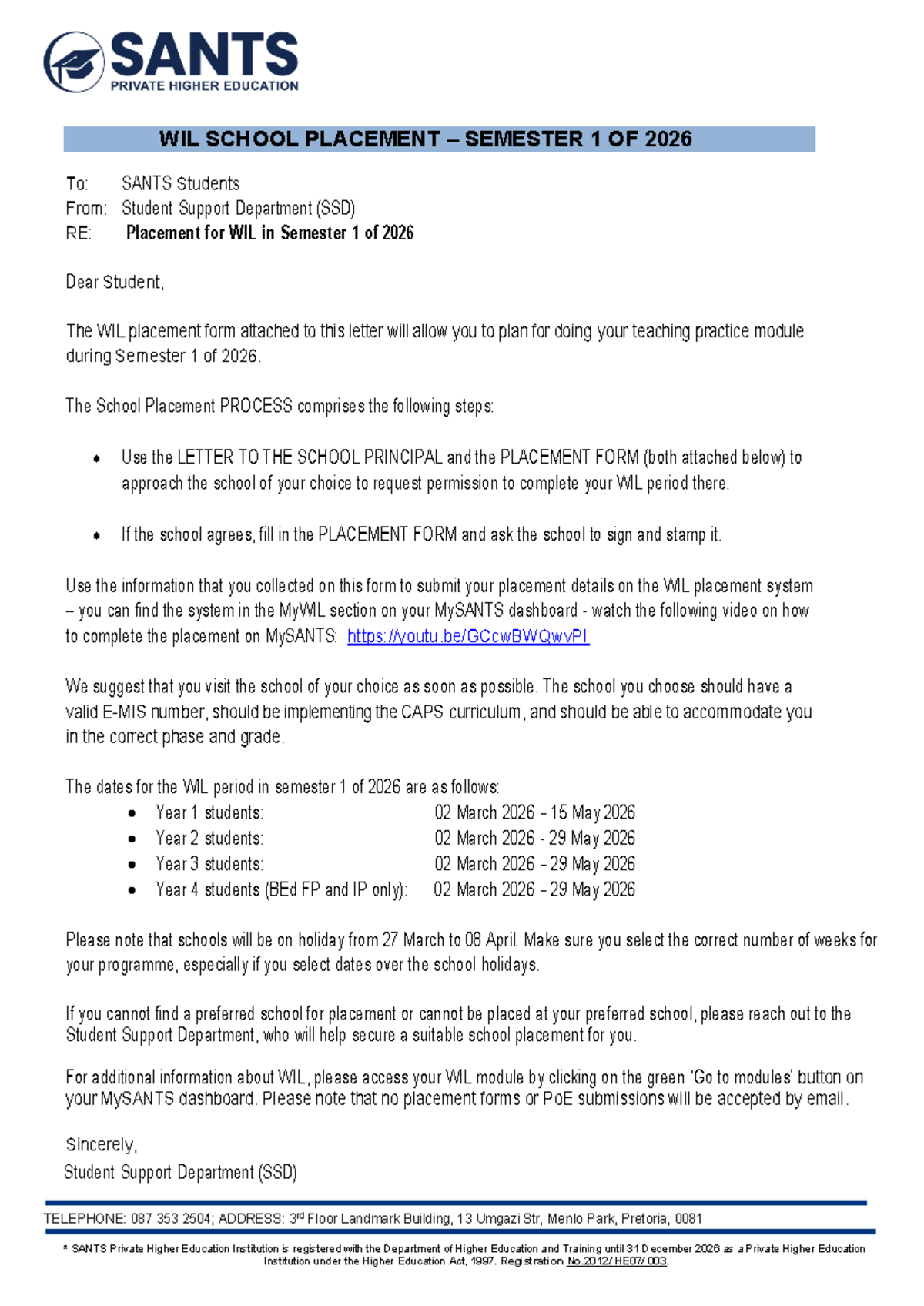 WIL Placement Process for SANTS Students - Semester 1, 2026 - Studocu