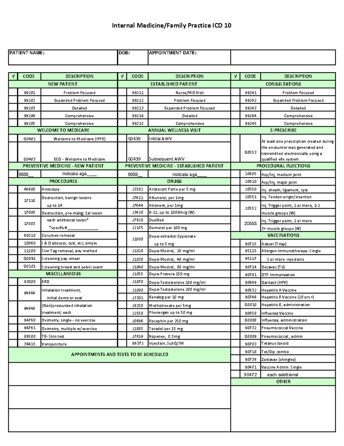 Internal Medicine/Family Practice CPT & ICD-10 Code Reference - Studocu