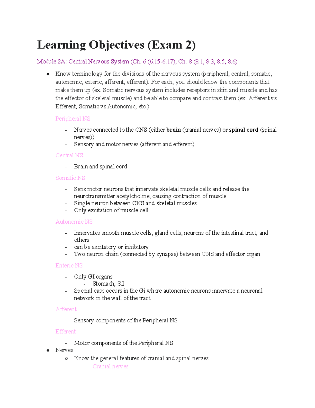 Learning Objectives (Exam 2) Module 2E: Skeletal Muscle Anatomy ...