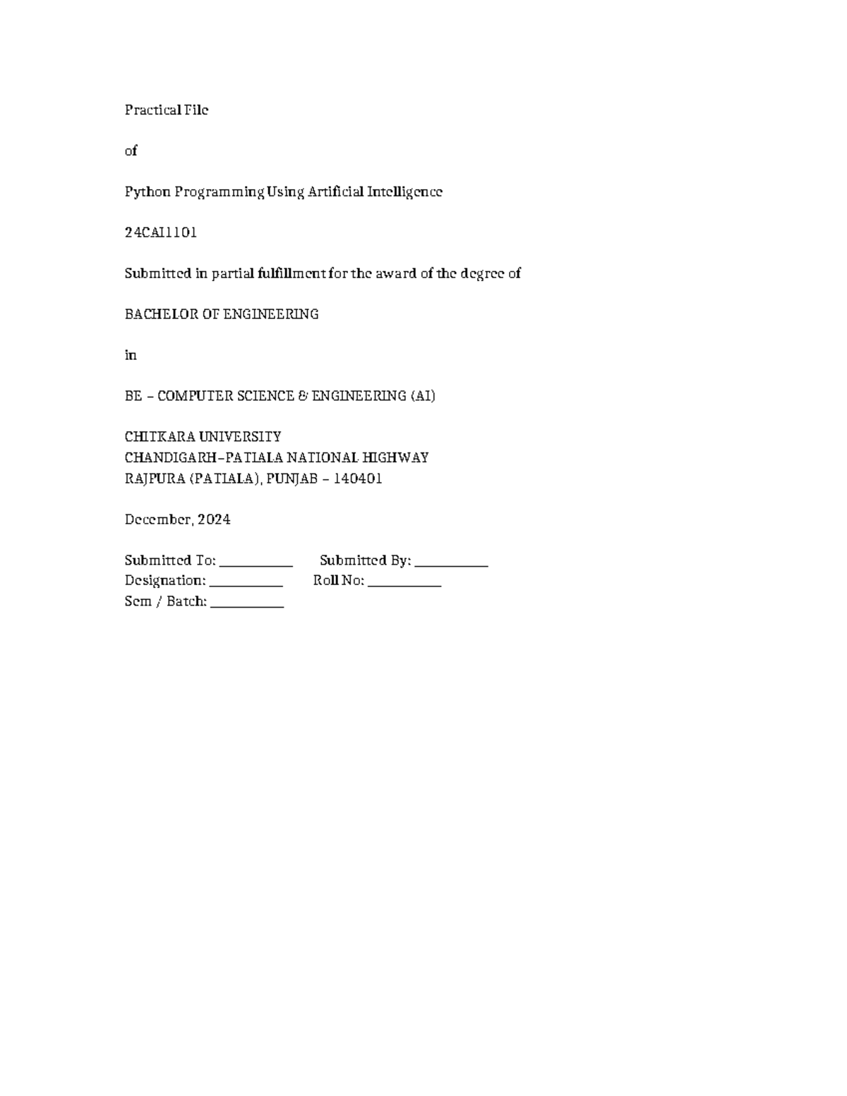 Final Python Lab File 24CAI1101 for AI Engineering - Studocu