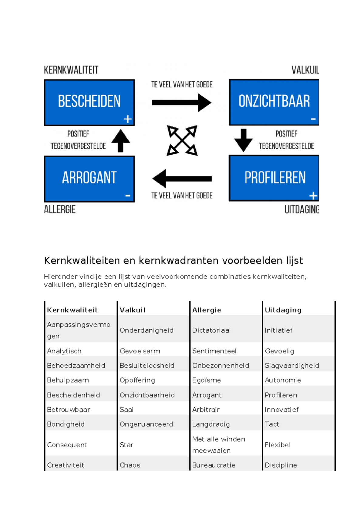 Kernkwaliteiten en kernkwadranten: Voorbeelden en uitleg - Studeersnel
