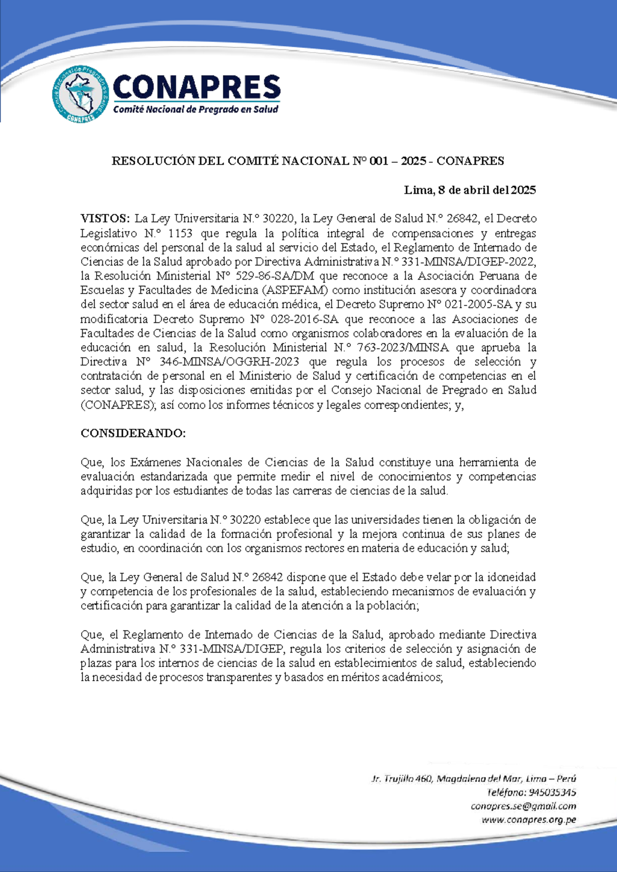 Resolución CONAPRES 001-2025 sobre Exámenes Nacionales de Salud - Studocu