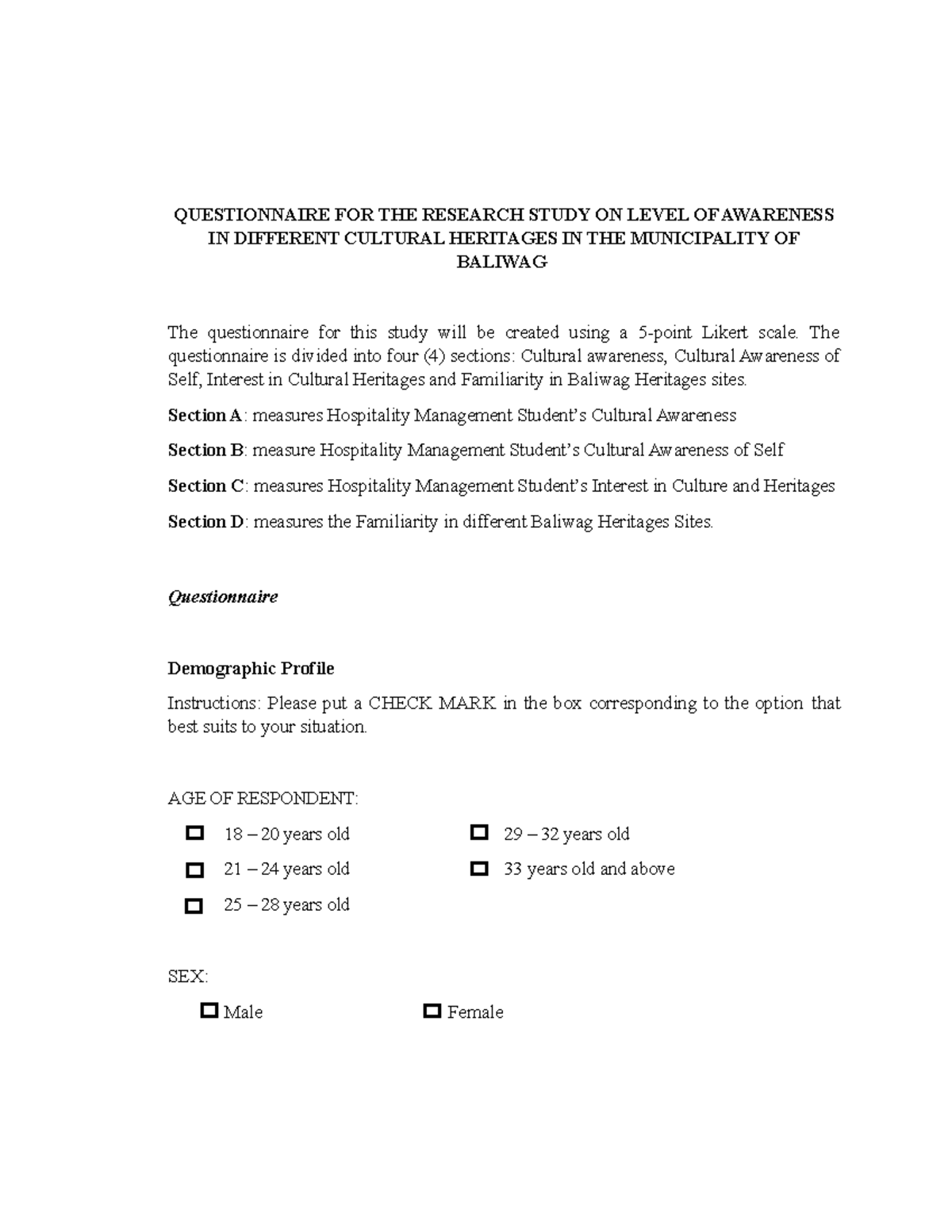 Cultural Awareness Questionnaire for HM Students - Group 4 - Studocu