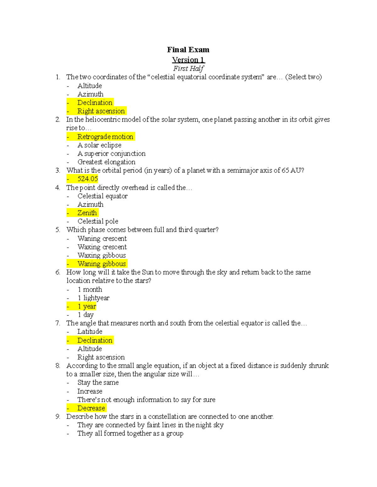 Astronomy 101 Final Exam Questions and Answers - Version 1 - Studocu