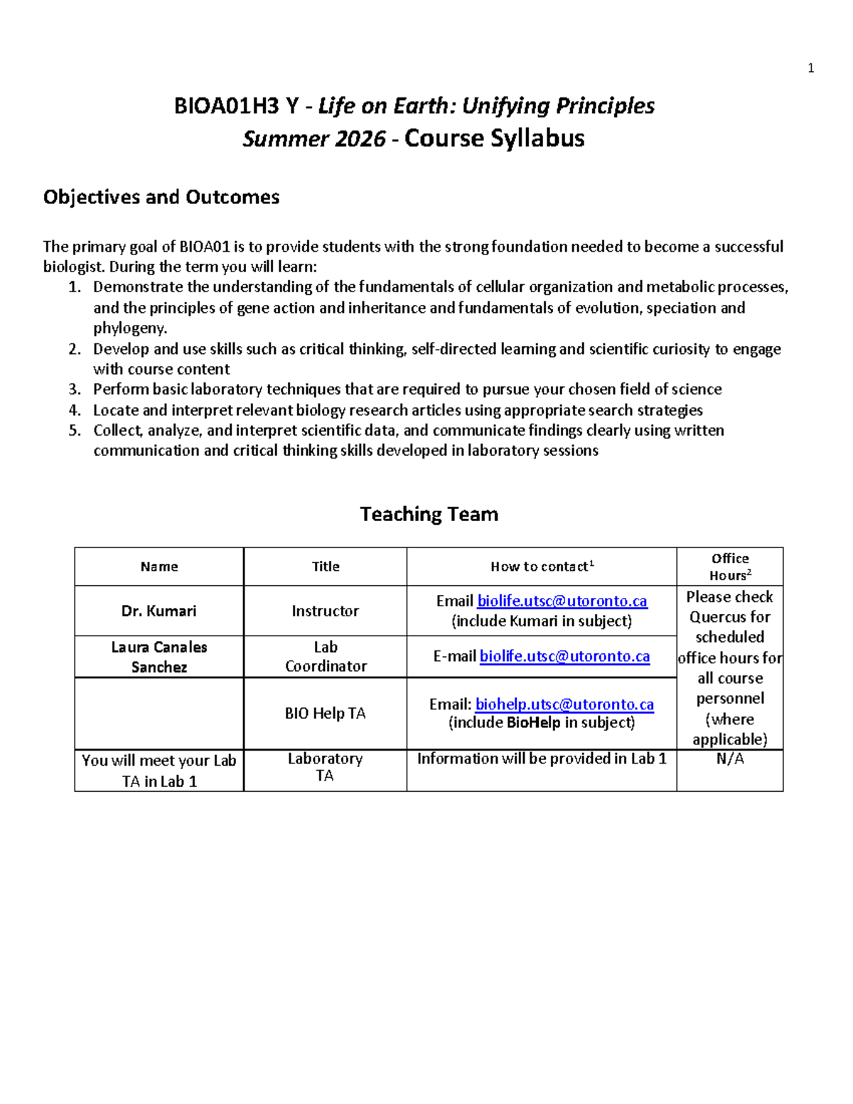 BIOA01H3 Y Life on Earth: Course Syllabus & Objectives Summer 2026 ...